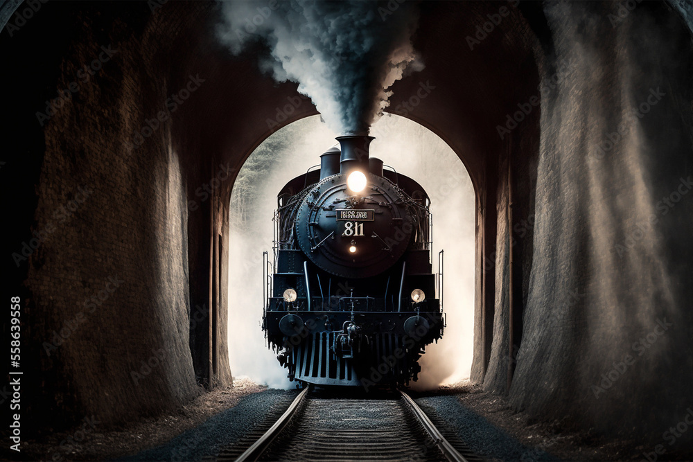 Generative AI illustration of old steam train in tunnel Stock ...
