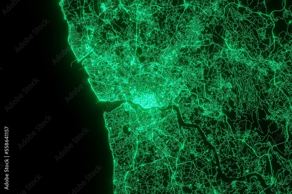 Map of the streets of Porto (Portugal) made with green illumination and ...