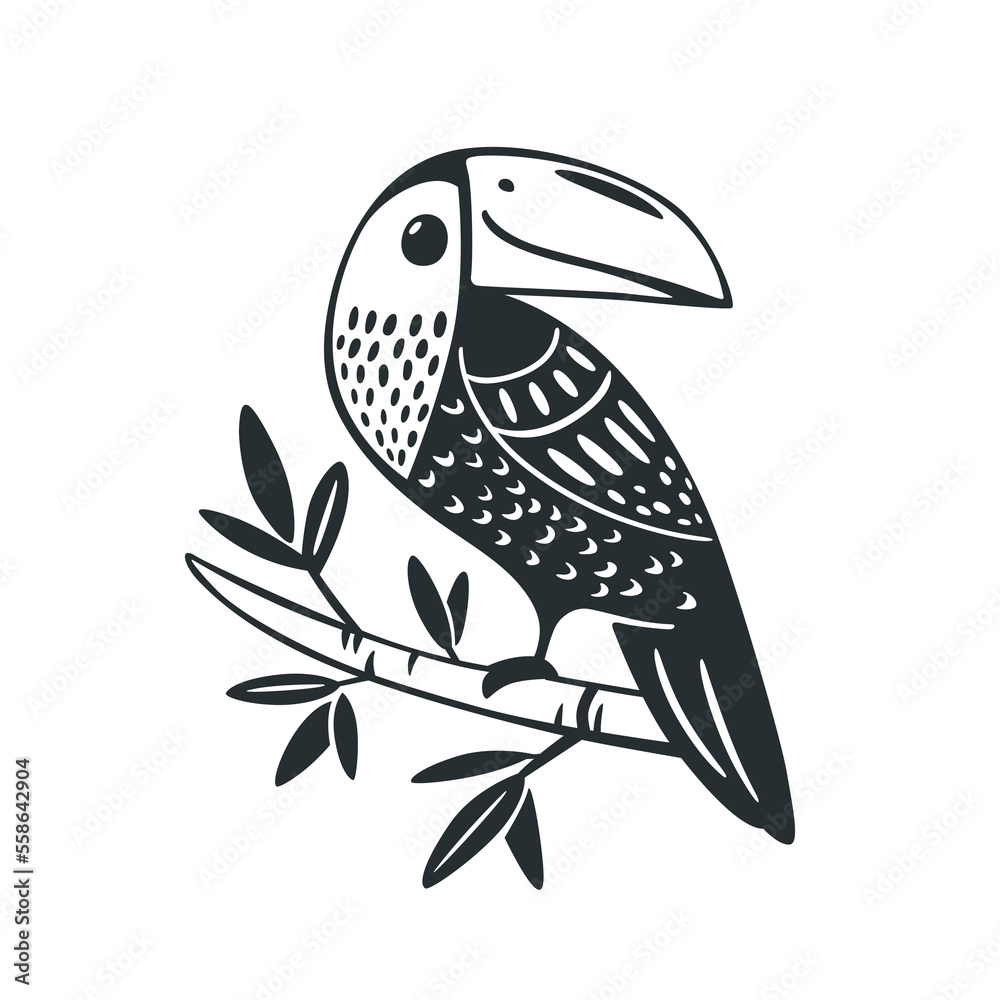 Simple linocut style illustration with toucan on branch. Linocut vector ...