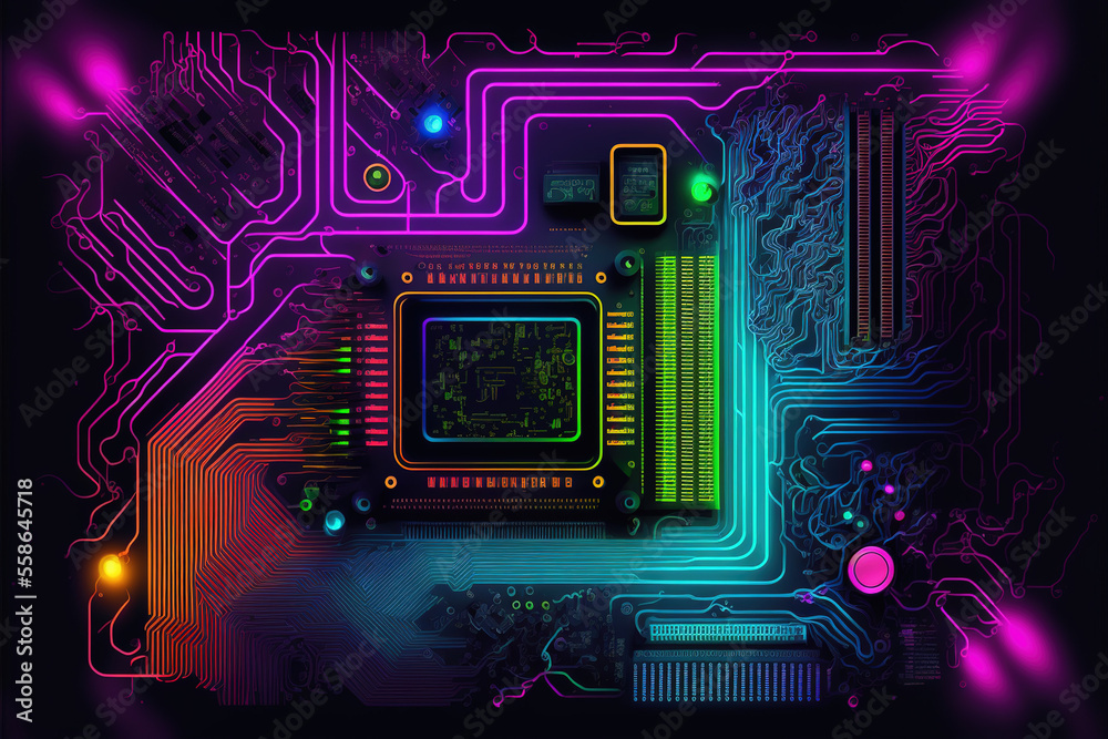 futuristic image of a neon computer motherboard, cpu, created with ...