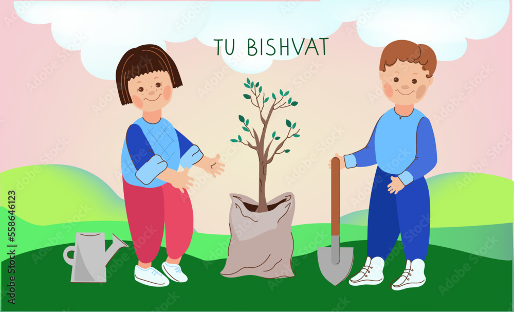Card Happy Tu Bishvat. New Year for Trees. Jewish holiday.Children ...