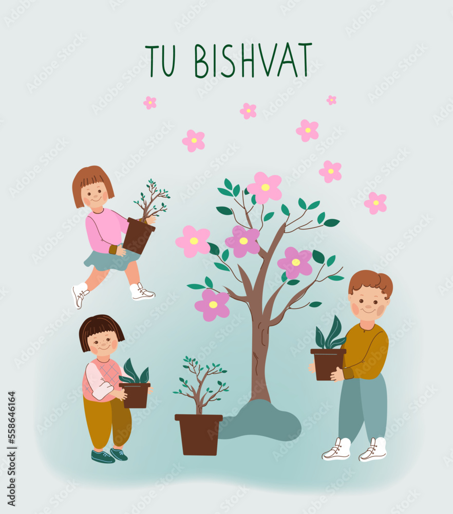 Card Happy Tu Bishvat. New Year for Trees. Jewish holiday.Children ...