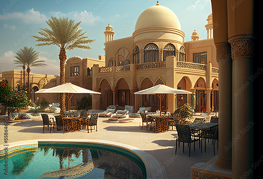 Egypt resort. Stunning traditional architecture with palms in desert ...
