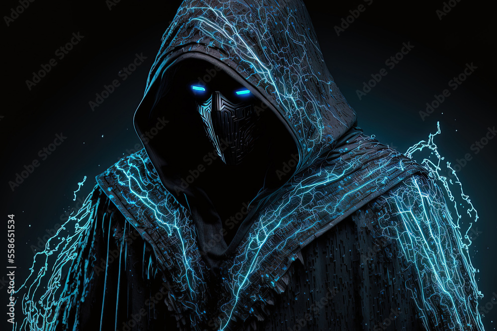 a dark cybermage cyberpunk sorcerer wearing a cloak and a hood, created using neural networks ...