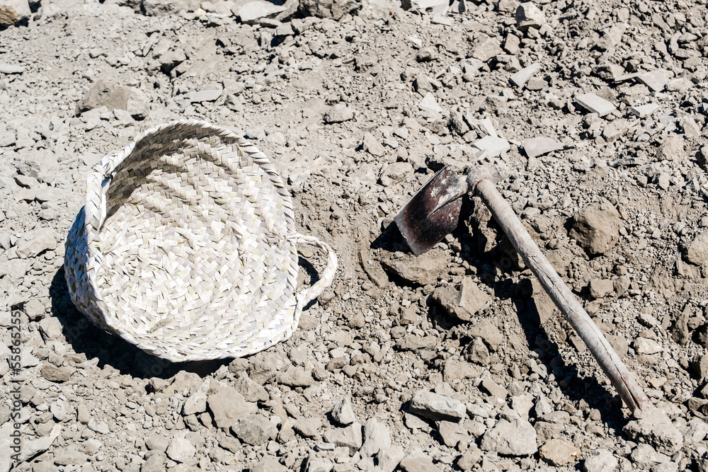 Heap of clay and equipment used in pottery factory in Fez, Morocco ...