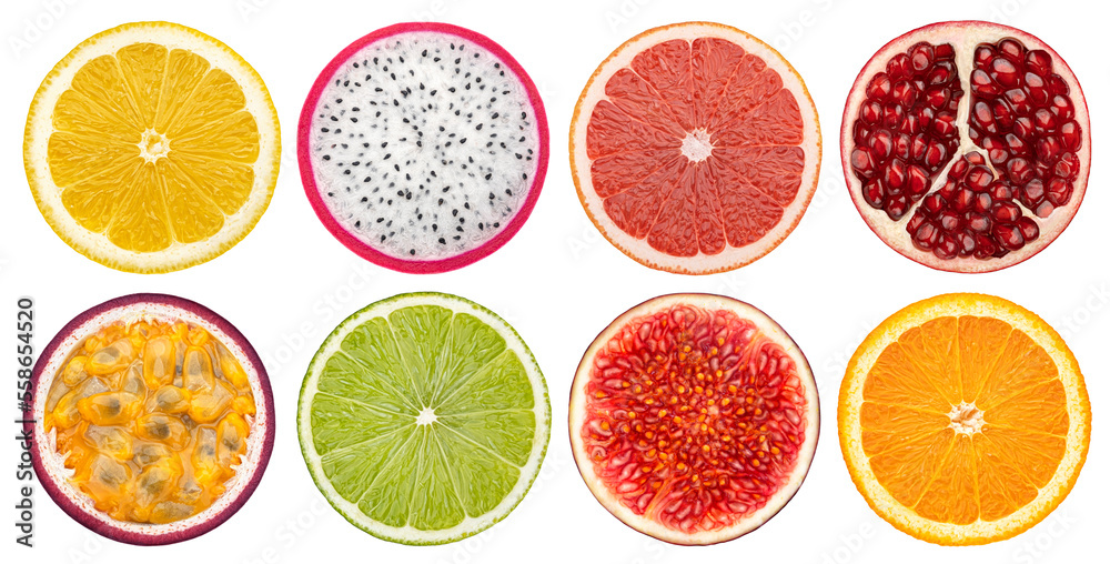 Fruit slices collection isolated on white background, flat lay Stock ...