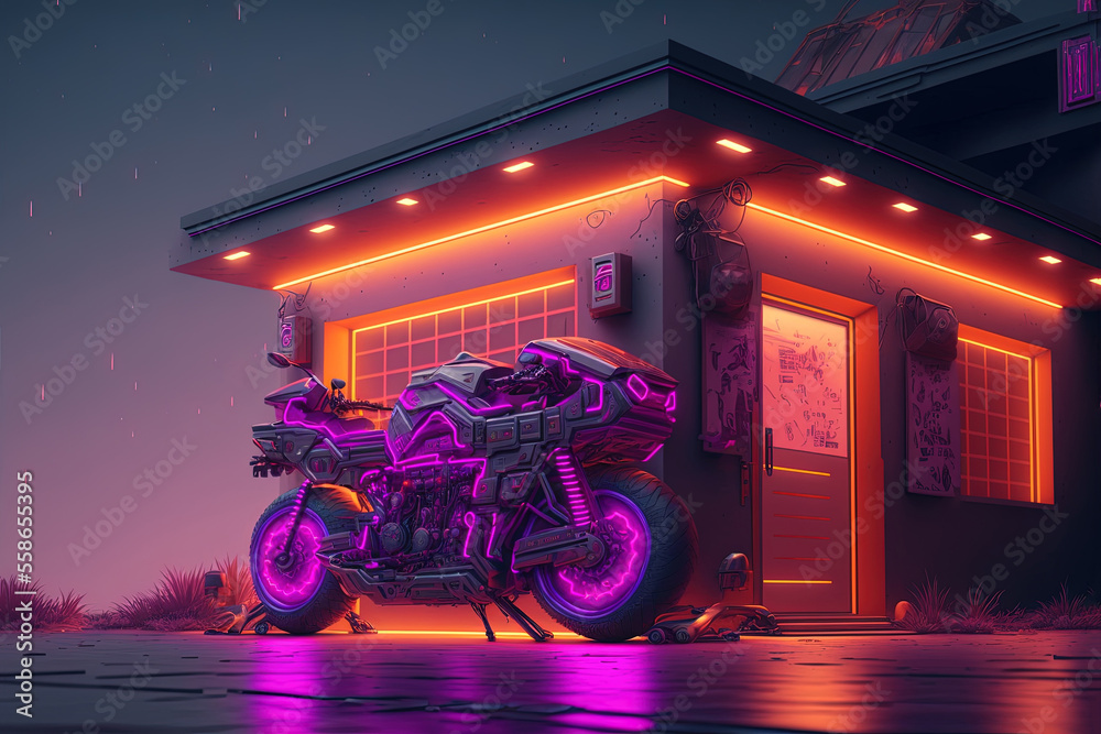 Motorcycle in neon rays near the garage in cyberpunk style AI Stock ...