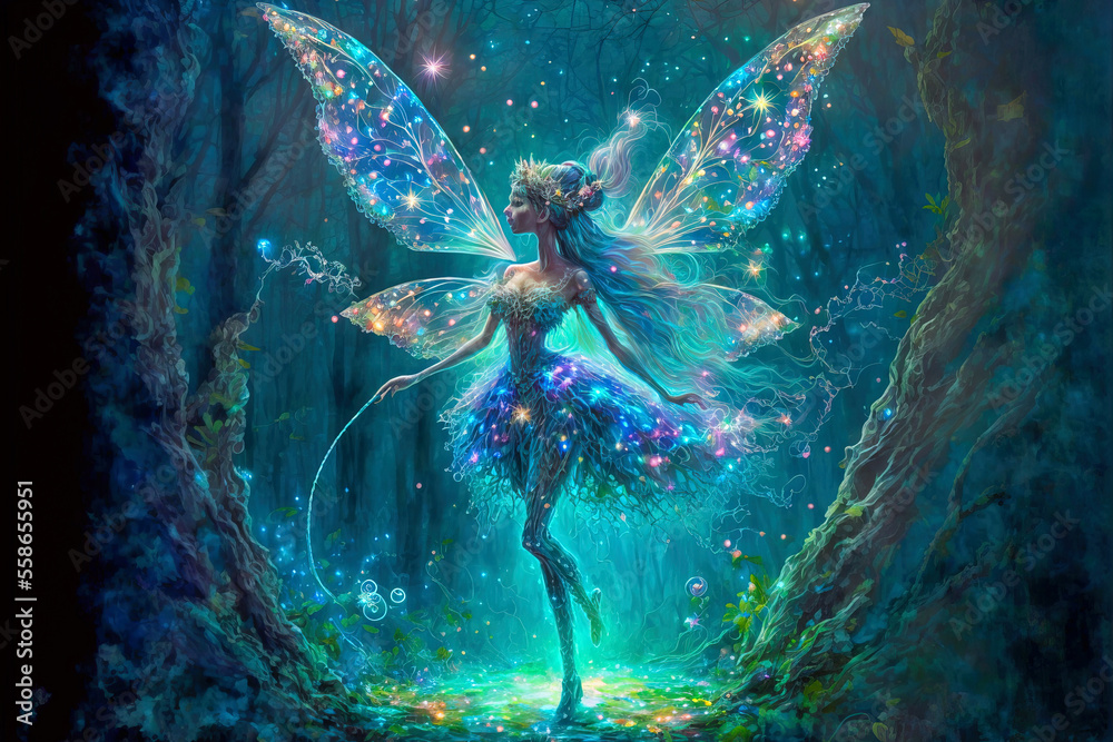 Dancing fairy in an enchanted magical forest. Digital artwork Stock ...