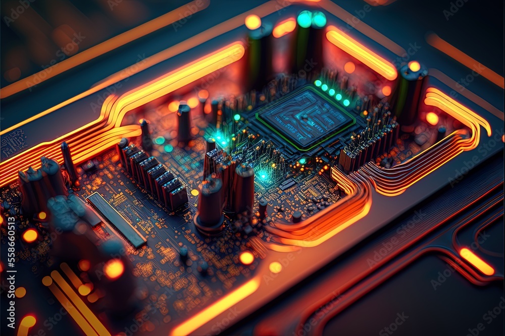 Neon illumination of a computer processor, abstract neon background ...