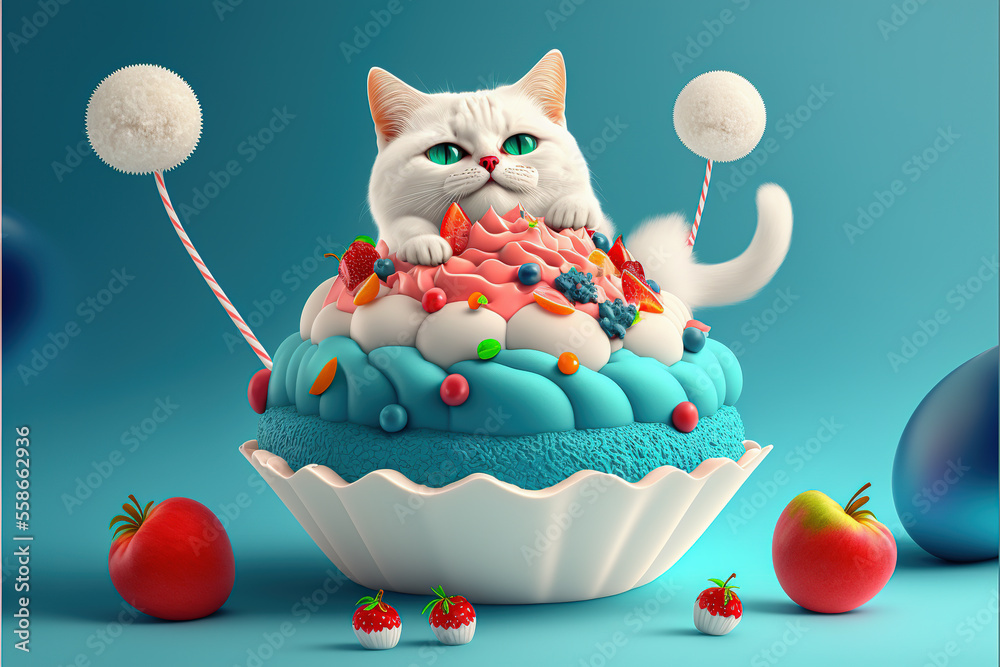Birthday party cack with cute cat with blue background colors , use it ...