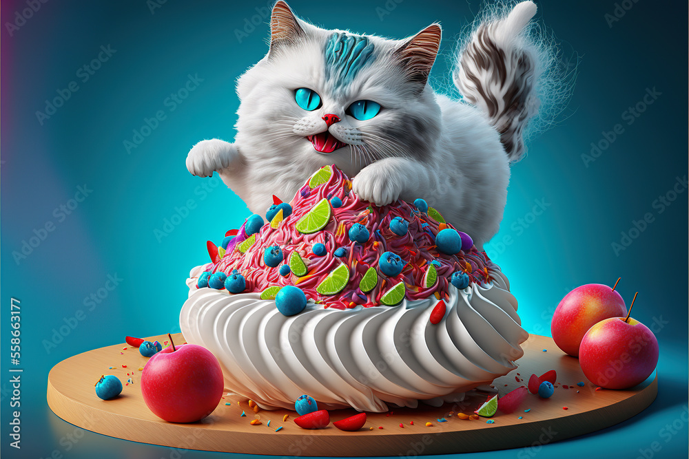 Birthday cack with cute cat with blue background colors , use it as a ...