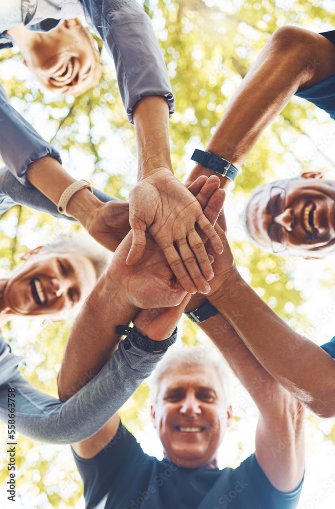 Senior hands, together and support with solidarity outdoor and group ...