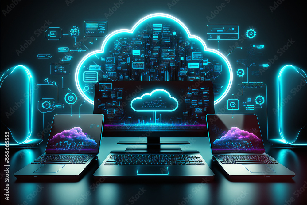 Cloud technologies concept. Data center concept. Modern cloud technologies. Neon blue colors ...