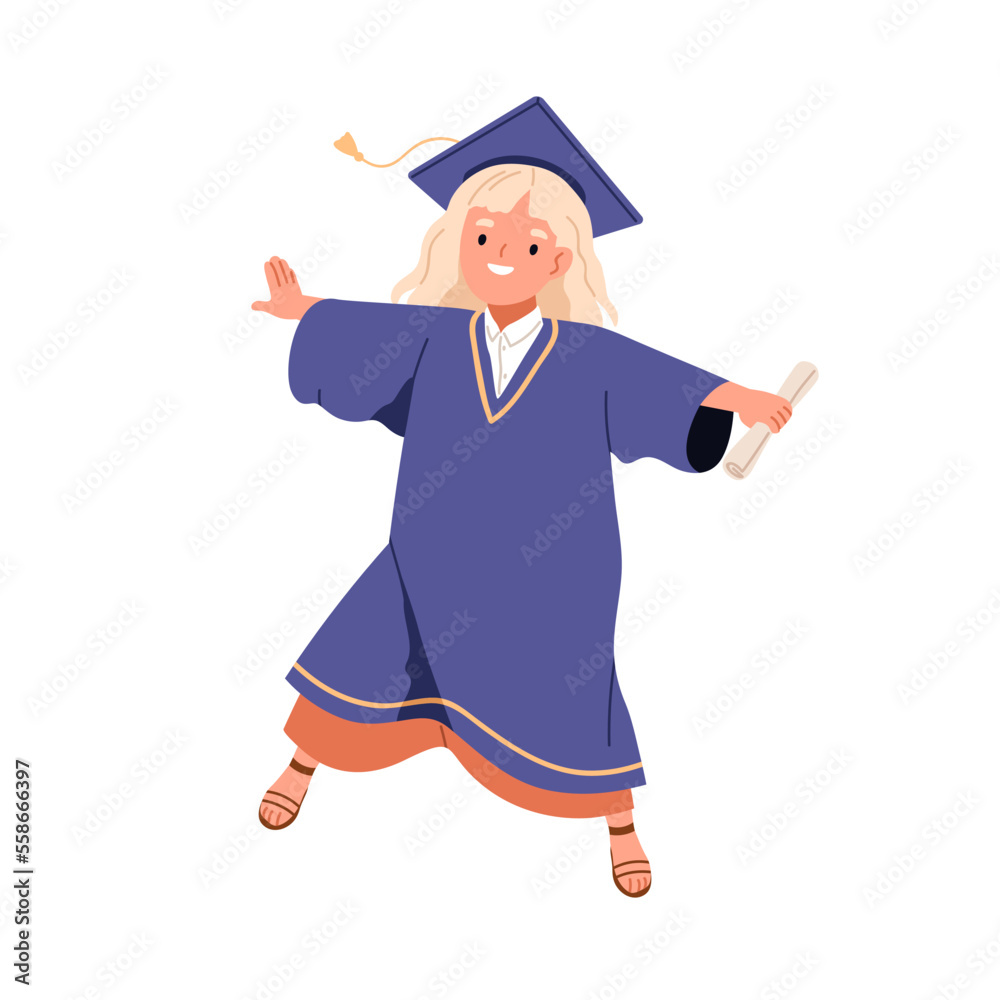 School girl graduating, celebrating. Child student jumping in ...