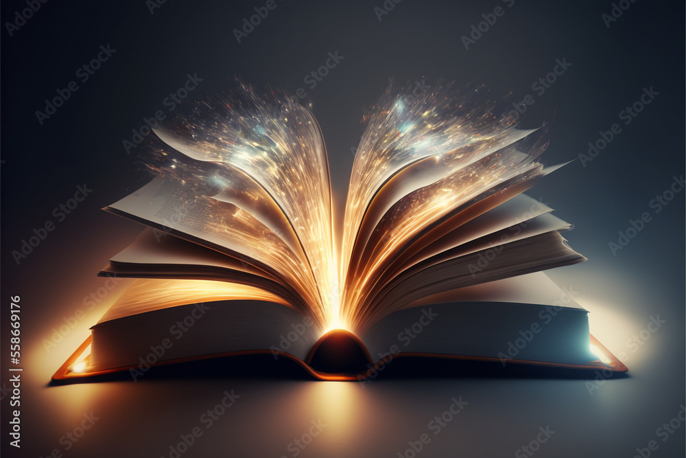 An open book with flying sheets and a magical shining light from it on ...