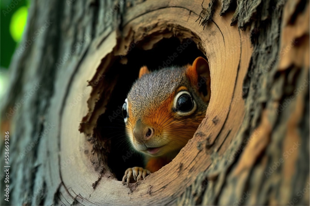 a squirrel peeking out of a hole in a tree trunk with its head sticking ...