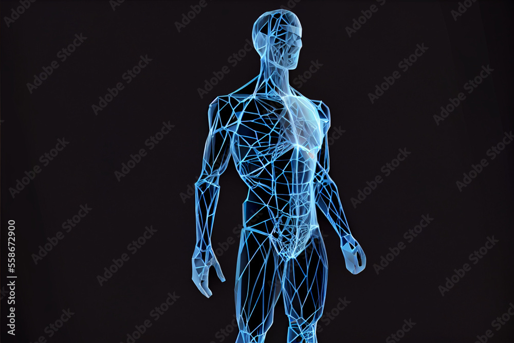 Polygonal image of the human body system with blue lines with muscles ...