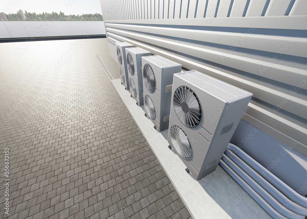 3d rendering of condenser unit or compressor outside factory plant ...