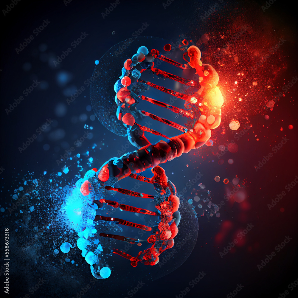 Abstract view of human genome and dna molecular chain in red and blue ...