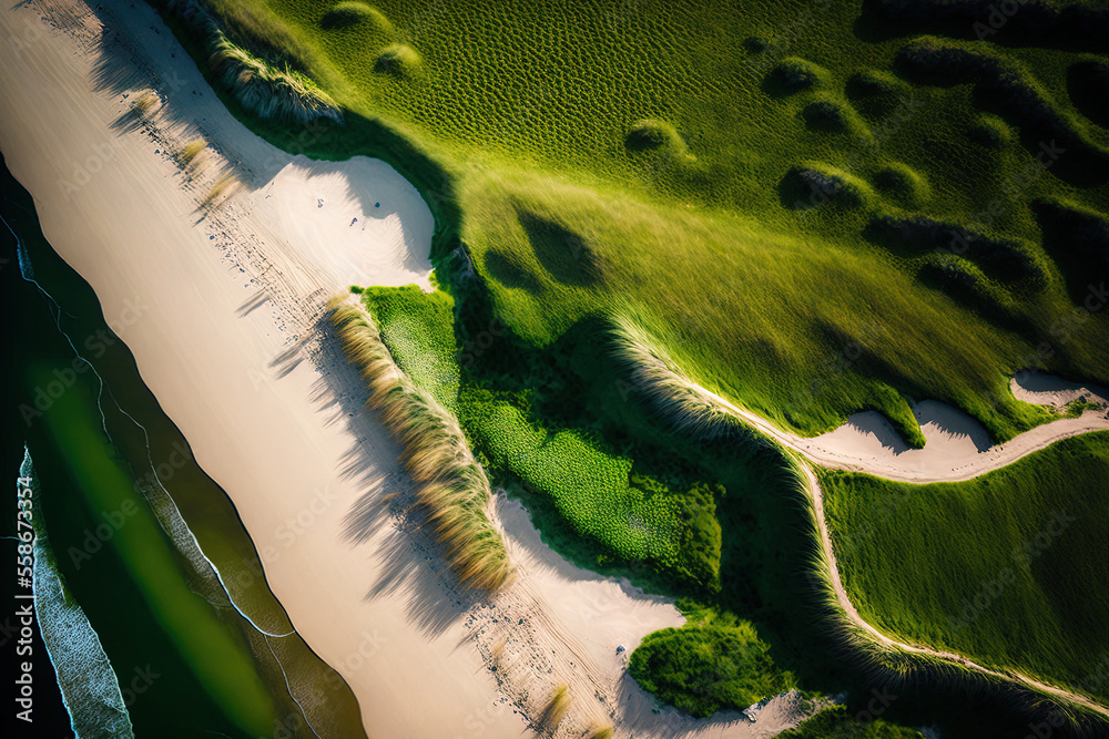 Drone taken aerial photo of dunes with green grass at Dutch beach near ...