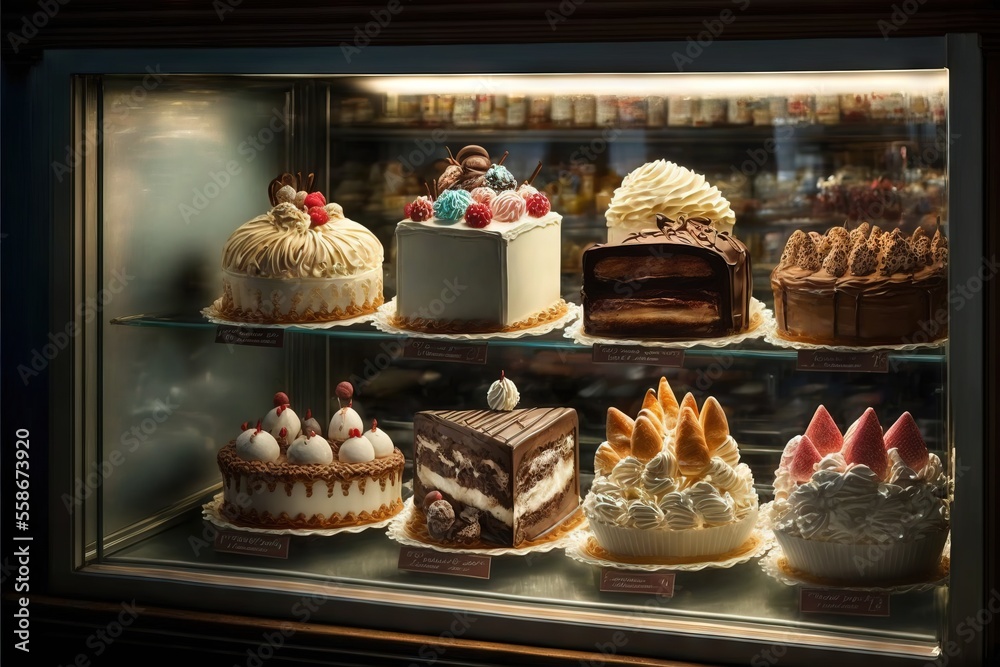 a display case filled with lots of different types of cakes and cakes ...