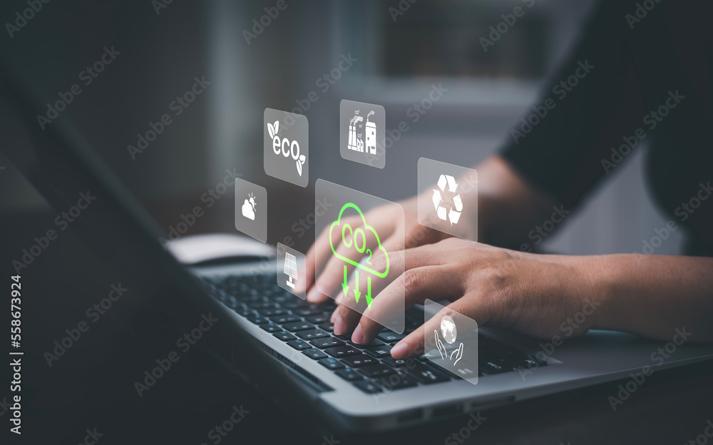 Businessman using laptops and touch recycle symbol with virtual modern ...