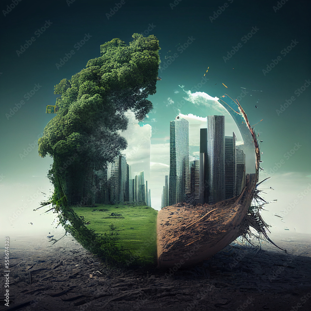 Two halves of the view of the earth as a green natural living and ...