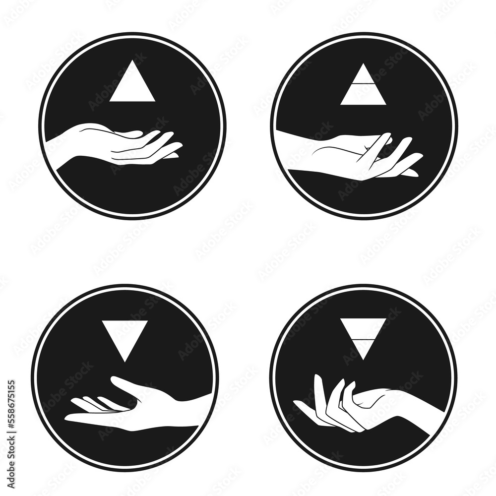Hands hold symbols of alchemical elements - fire, air, water, earth ...