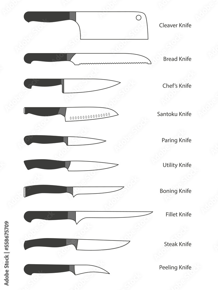Collection of kitchen knives. Illustration on transparent background ...