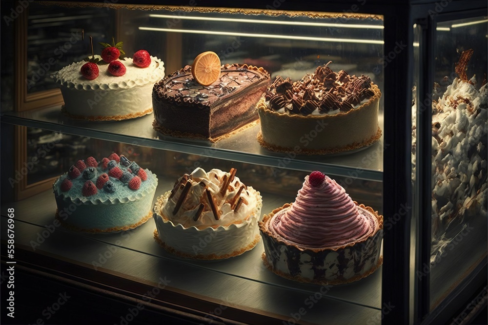 a display case filled with lots of different types of cakes and pies on ...