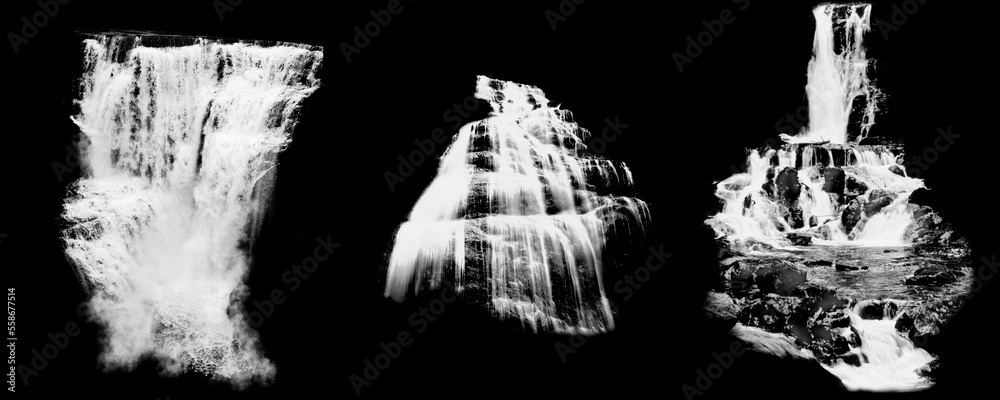Set of waterfalls isolated on black background. Black and white ...