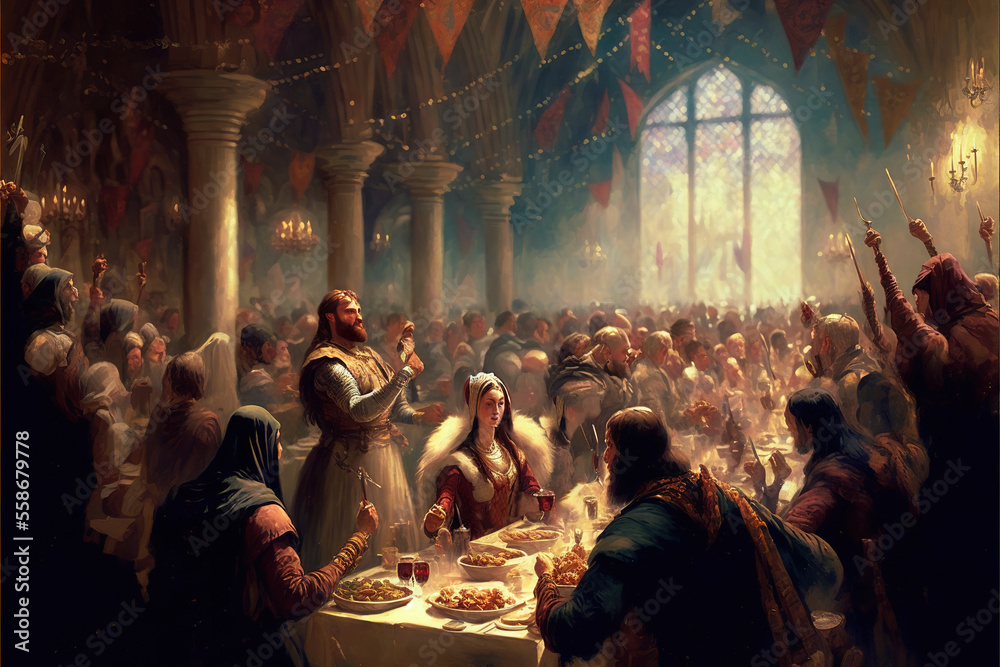 A medieval royal feast. Crowds of royal people at tables dining in a ...
