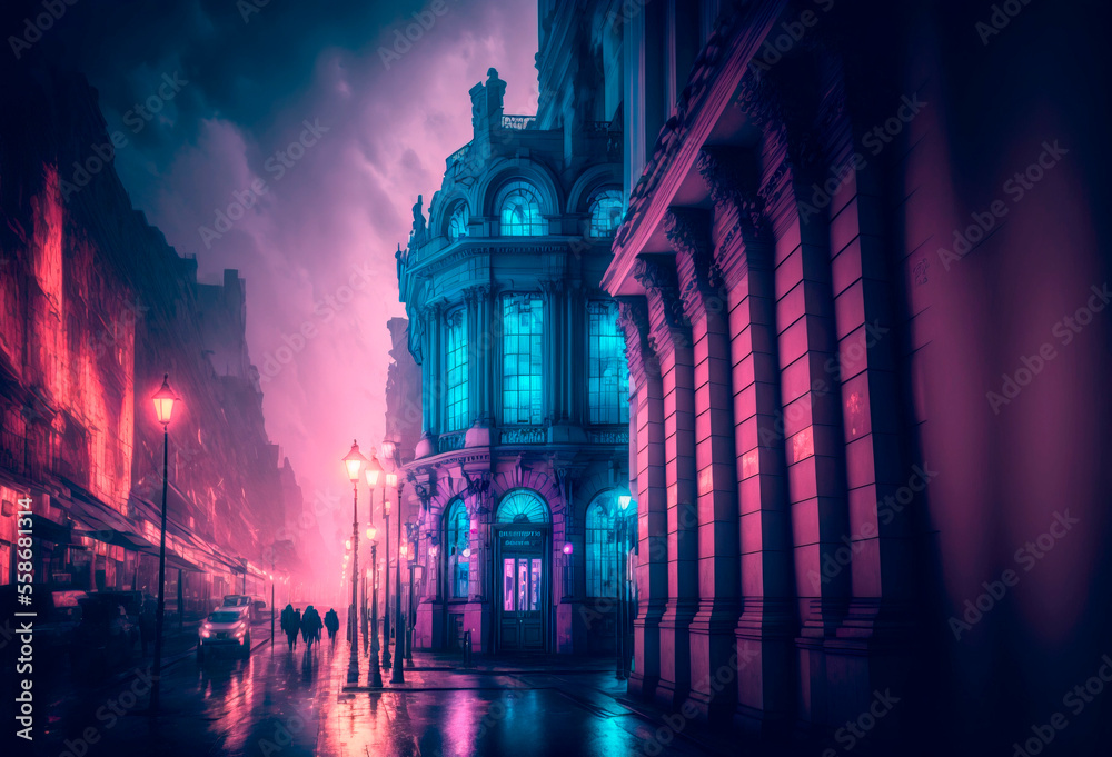 Wet night street of Old Victorian town in blue purple neon haze ...