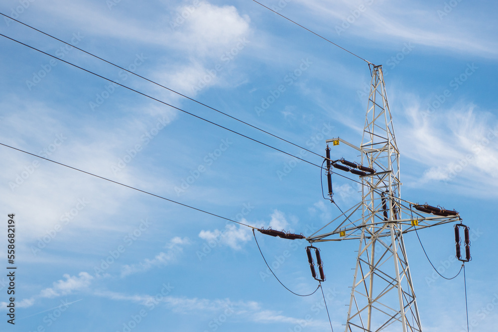 High voltage electric pole with wires. Line of electricity ...