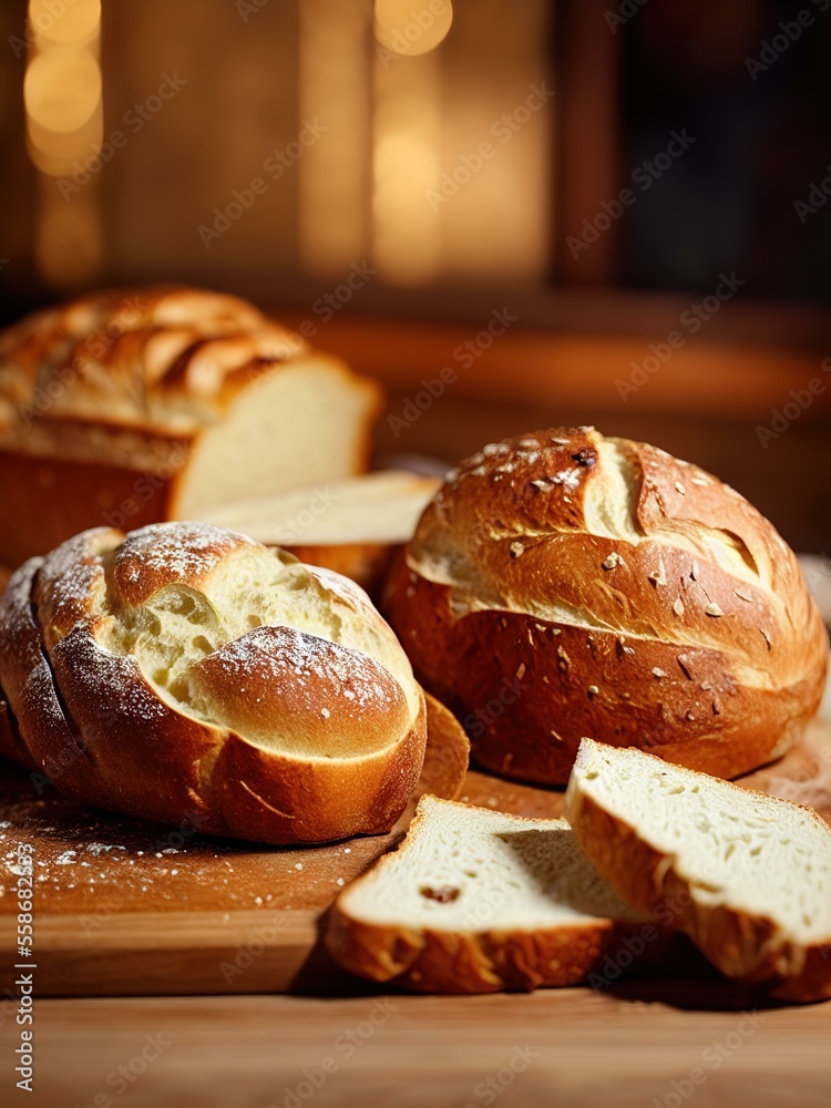 Bakery - gold rustic crusty loaves of cut bread and buns. Still life ...