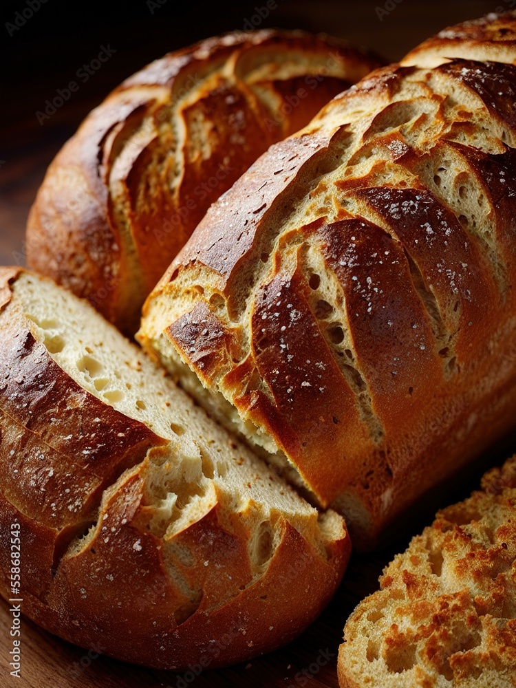 Bakery - gold rustic crusty loaves of cut bread and buns. Still life ...