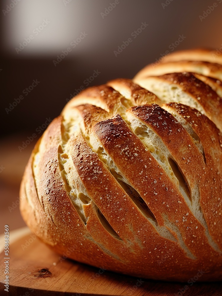 Bakery - gold rustic crusty loaves of cut bread and buns. Still life ...