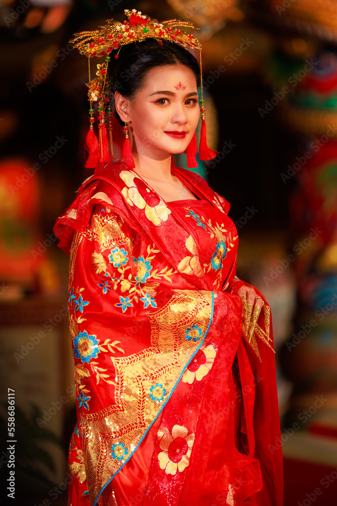 portrait asian woman in red chinese traditional costume in chinese ...