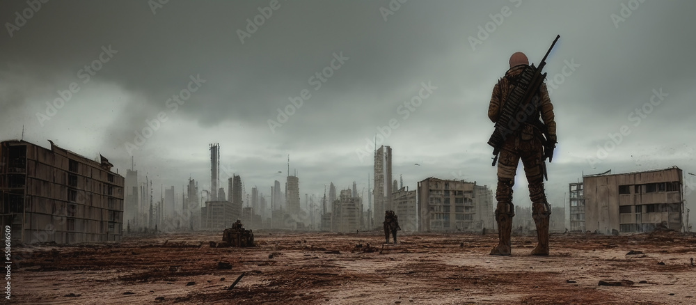 Illustration of a post apocalyptic ruined city. Destroyed buildings by ...