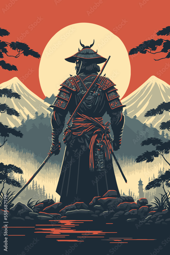 Silhouette of Japanese samurai warrior with sword standing on sunset ...