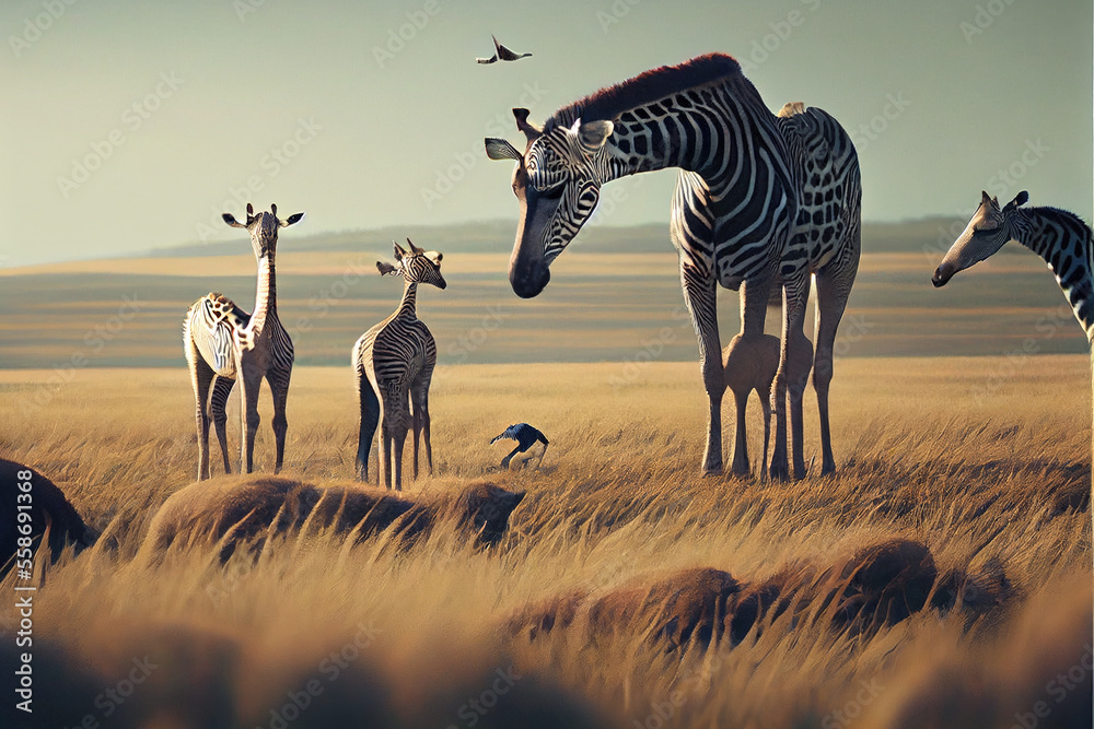 Sci-fi drawing, combined animal of zebra and giraffe on the savannah ...