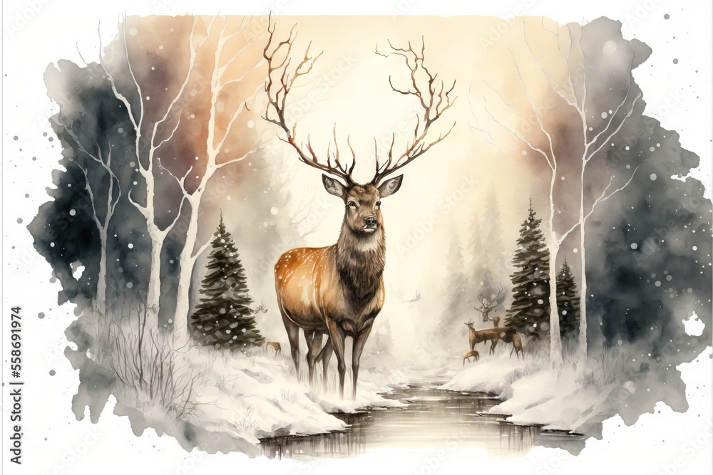 a painting of a deer standing in a snowy forest with a stream running ...