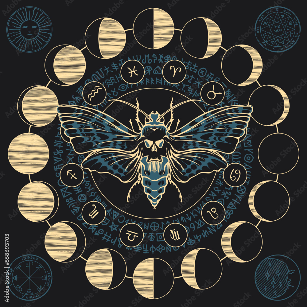 Hand-drawn scary butterfly moth dead head on the background of magical ...