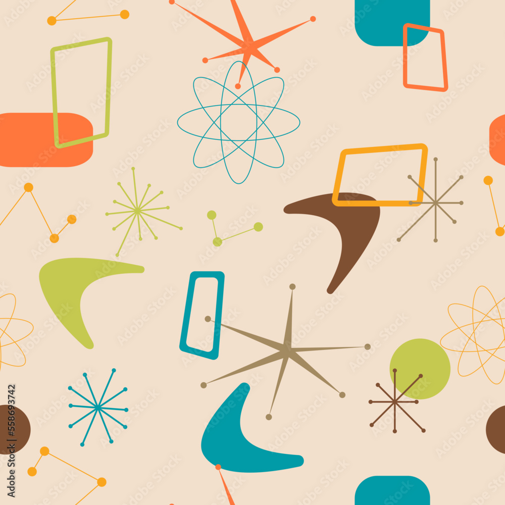 Mid century modern seamless pattern. 1950s vintage style atomic ...