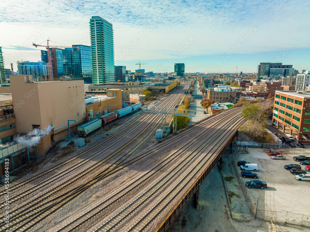 Aerial View of Downtown Chicago - High rise buildings - skyscrapers ...