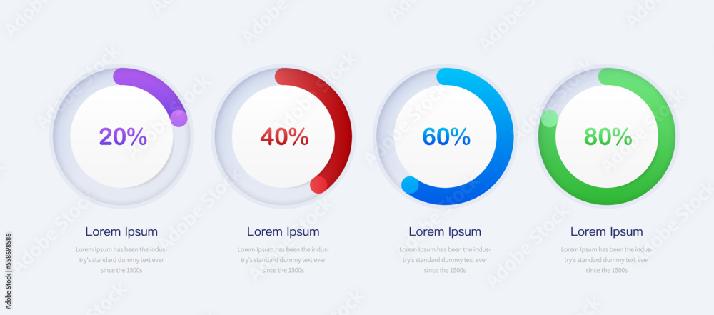 Three round pie charts with percentage indication. projects completion ...