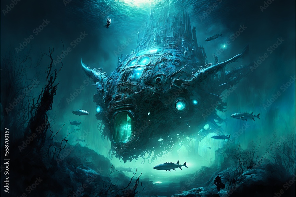Aquatic deep sea sci-fi robotic biomechanical submarine creatures in ...