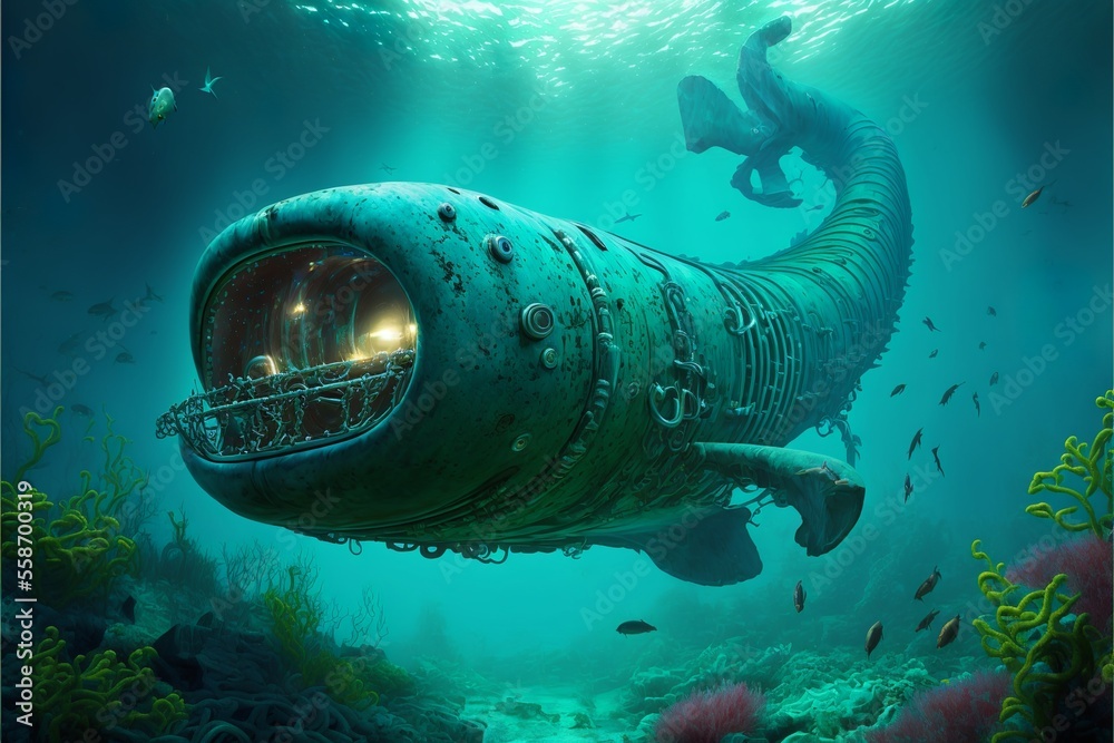 Aquatic deep sea sci-fi robotic biomechanical submarine creatures in ...
