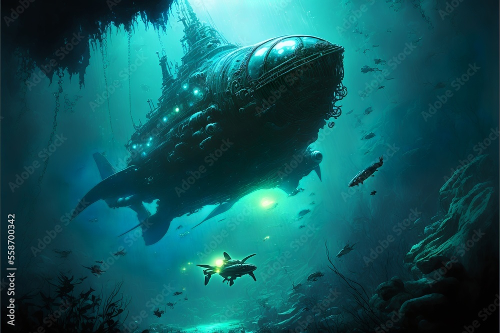 Aquatic deep sea sci-fi robotic biomechanical submarine creatures in underwater fantasy ...