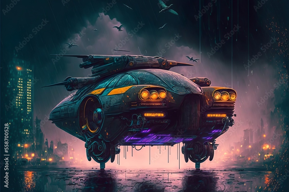 Future flying car design in a dystopian cyberpunk city at night with ...
